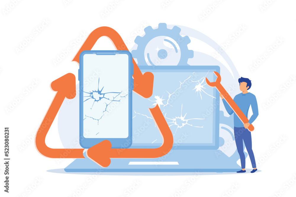 Vetor de Broken electronics reusing. Damaged device fixing, repairing ...