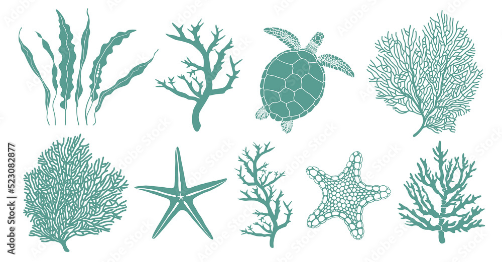 Оcean fauna. Vector set of nine elements of the underwater world ...