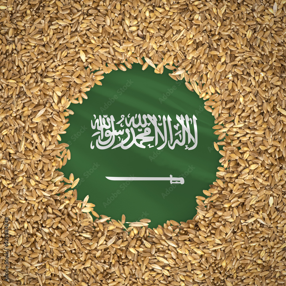 Flag of saudi arabia with grains of wheat. Natural whole wheat concept ...
