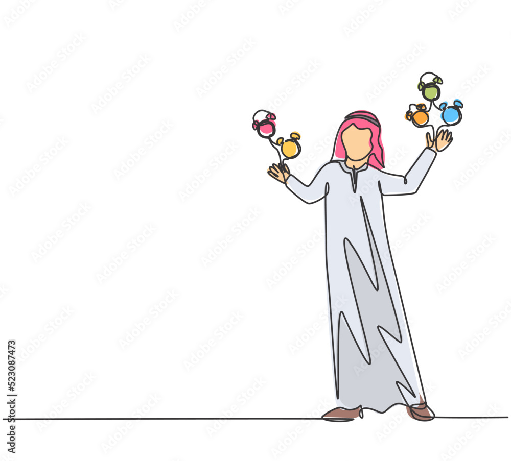 Continuous one line drawing young Arab male worker juggling alarm ...