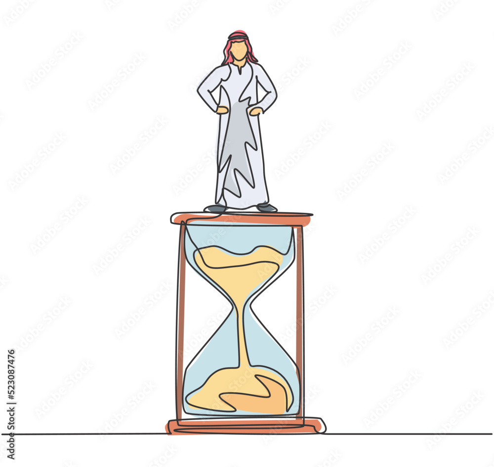 Single continuous line drawing young Arab business man standing above ...