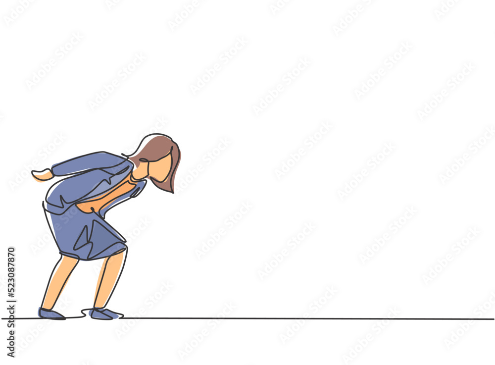 Single continuous line drawing young business woman bent over because ...