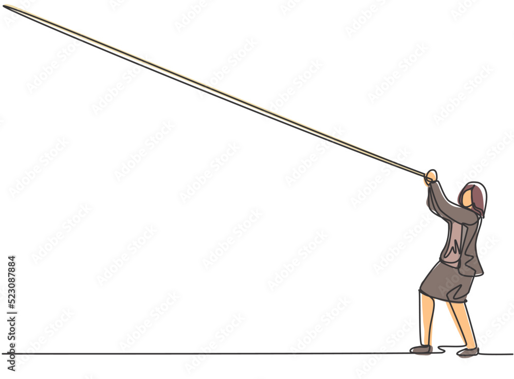 Single one line drawing of young business woman hanging on the rope to ...
