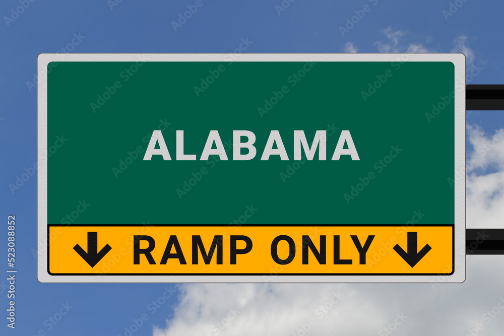 Alabama logo. Alabama lettering on a road sign. Signpost at entrance to ...