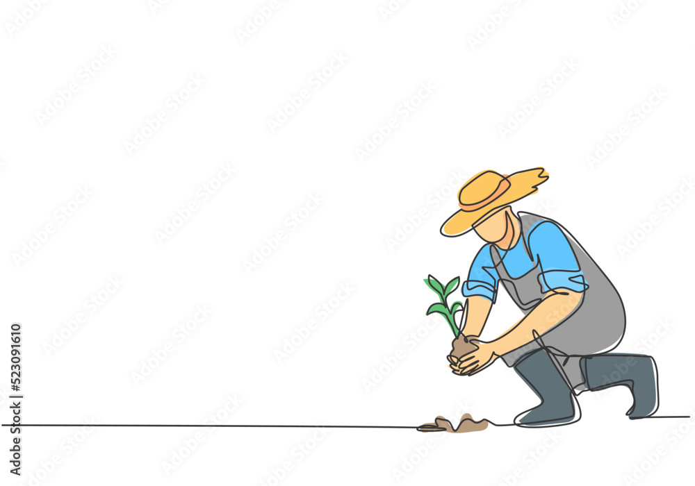 Single continuous line drawing young male farmer planting plant shoots ...