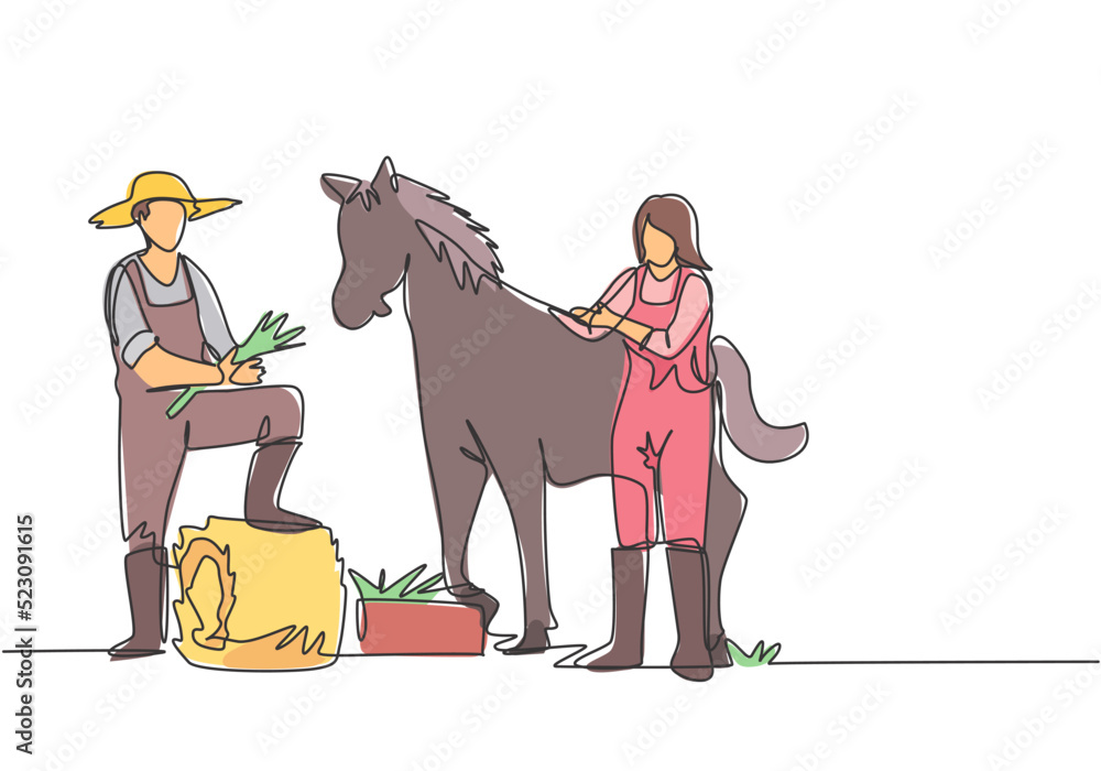 Single one line drawing of male farmer stomped one of its feet into the ...