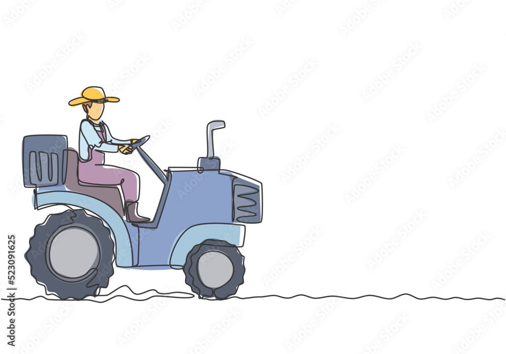 Single continuous line drawing young male farmer drive a tractor to ...