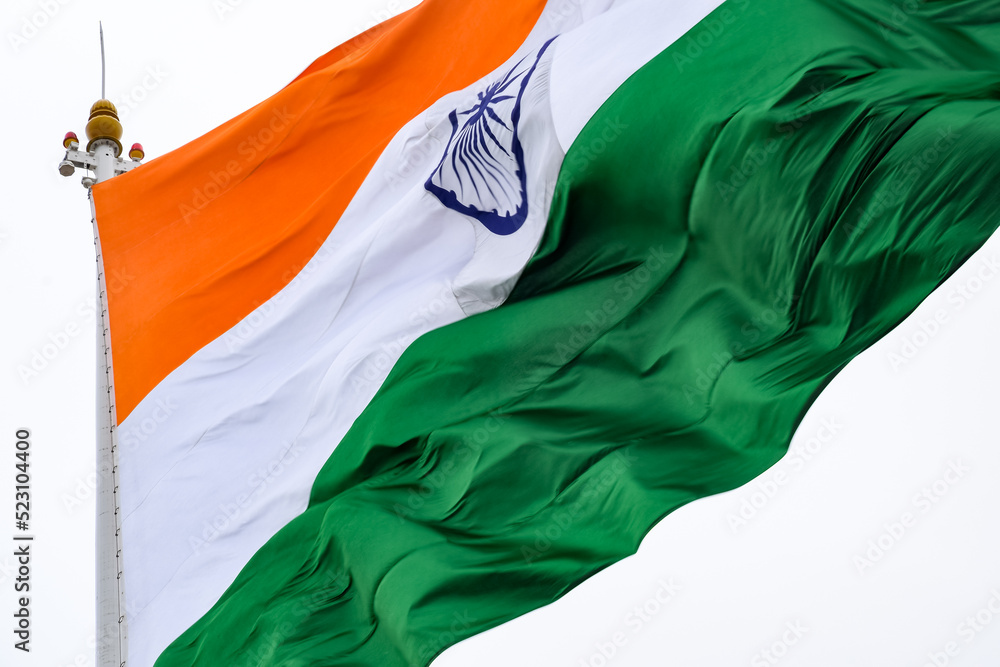 India flag flying high at Connaught Place with pride in blue sky, India ...