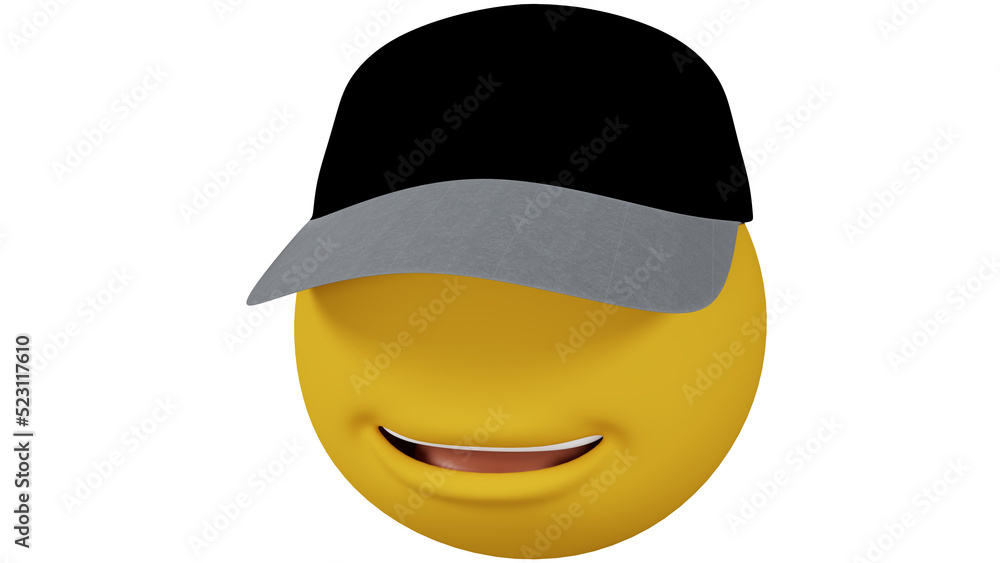 A 3D Illustration of A Smile Emoticon Wearing A Hat. Emoticon is a a ...