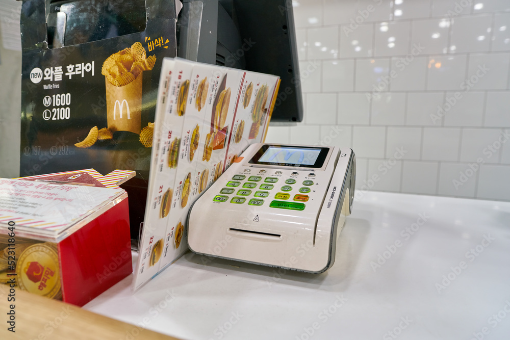 SEOUL, SOUTH KOREA - CIRCA MAY, 2017: credit card terminal at McDonald ...