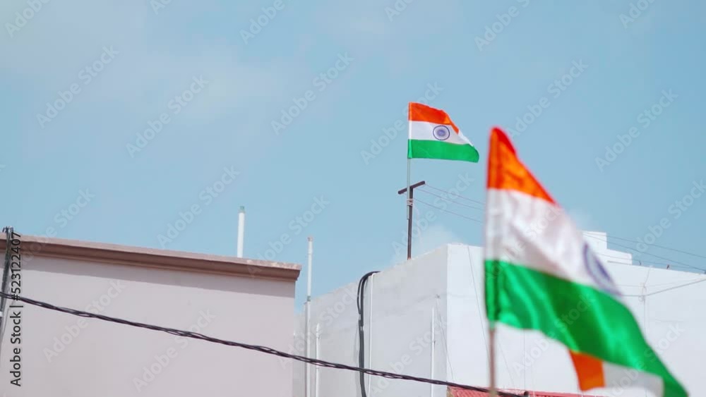 India flags waving on top of every houses of street at Bhuj, Kutch ...