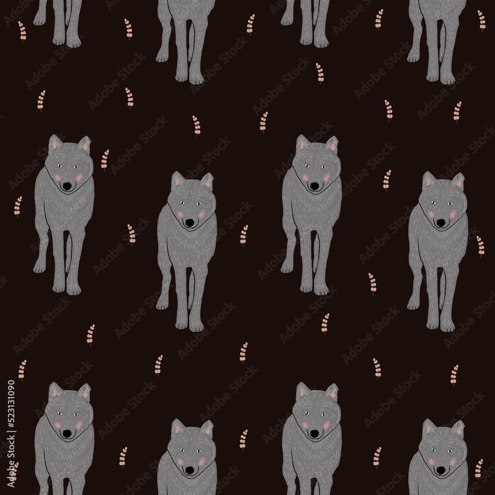 Seamless pattern with grey wolves on black background. Forest animals ...