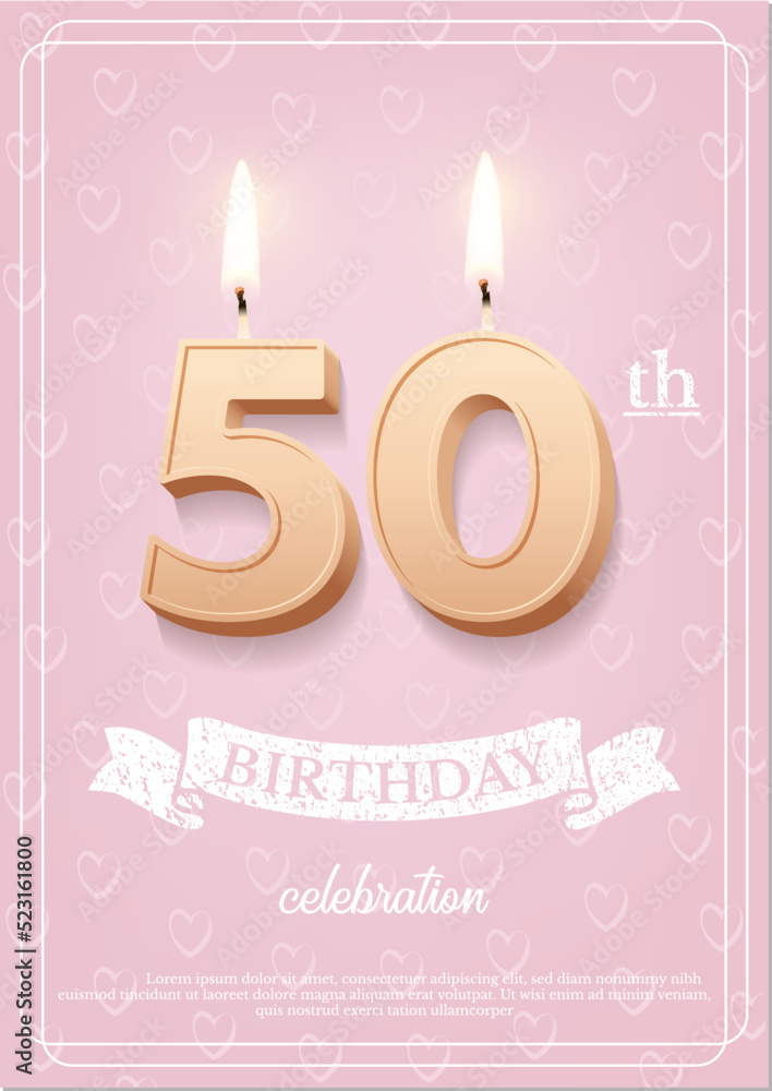 Burning number 50 birthday candle with vintage ribbon and birthday ...