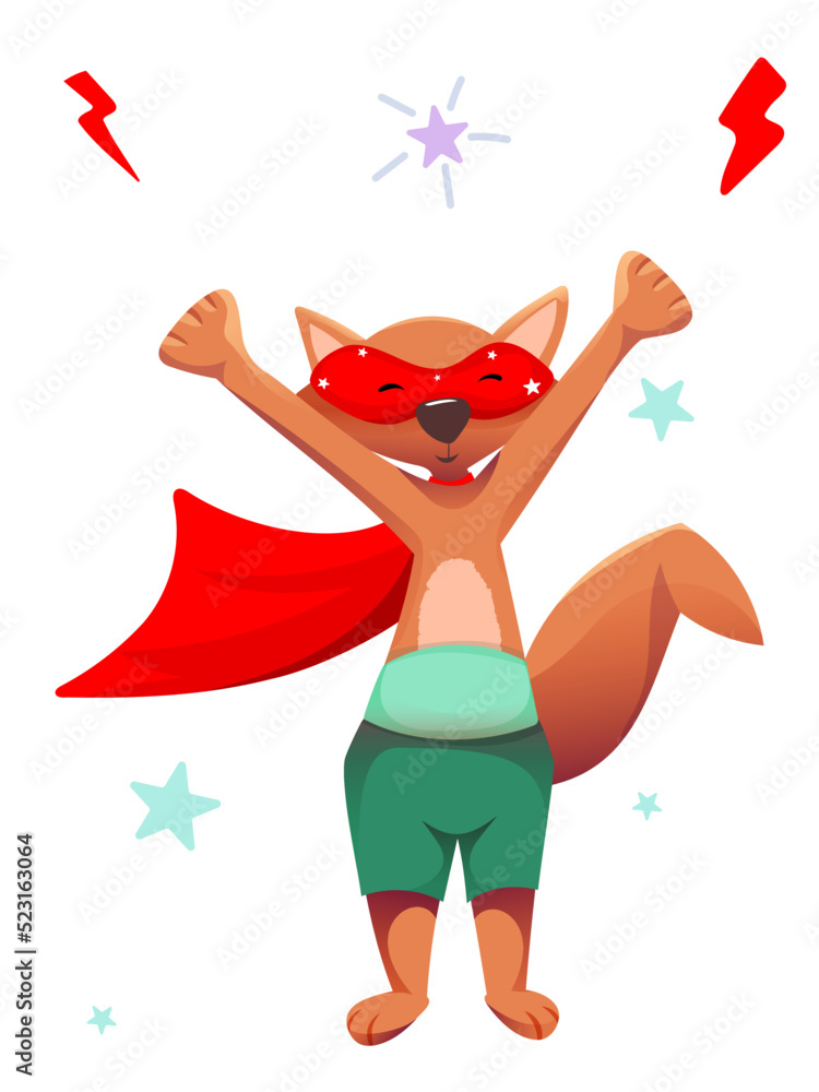 Vector cheerful brave fox raised his hands up, ready to protect and ...