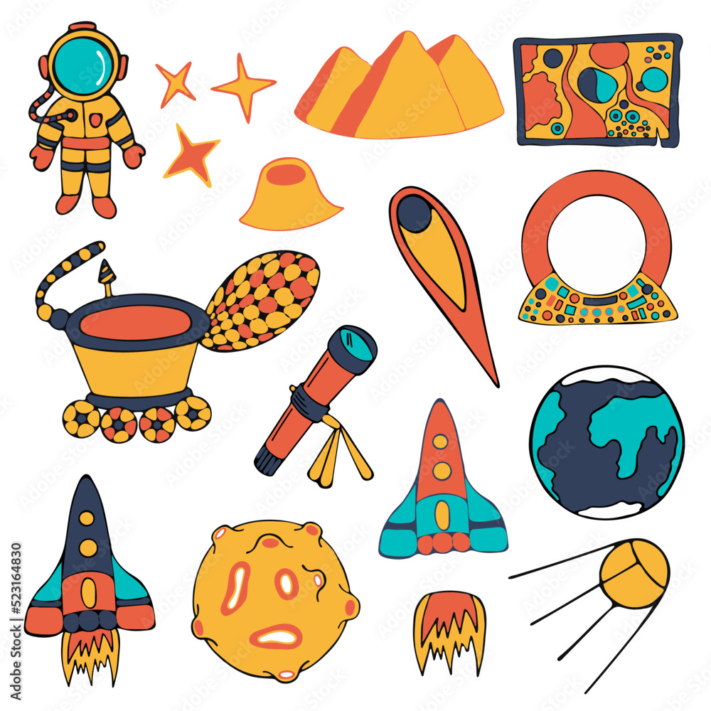 Hand Drawn Space Set. Colorful Galaxy Collection Isolated on White ...