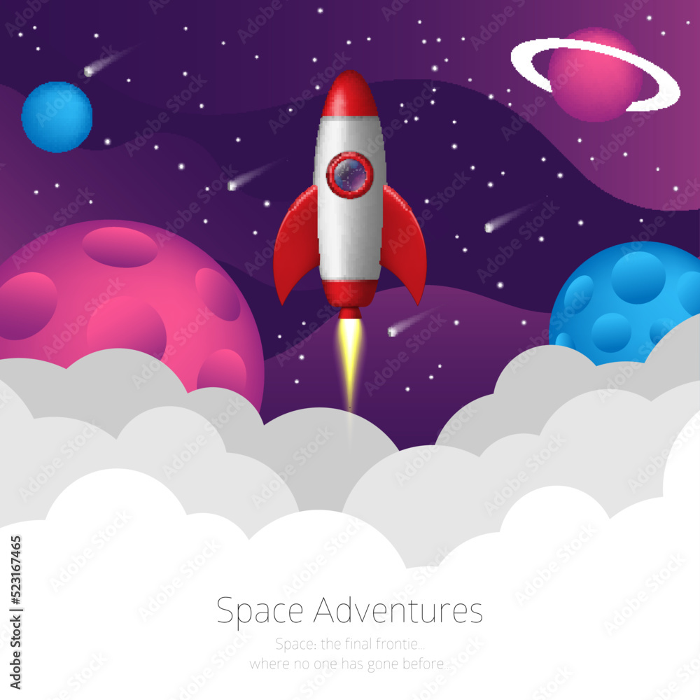 Space background with rocket. Galaxy and universe space cartoon poster ...
