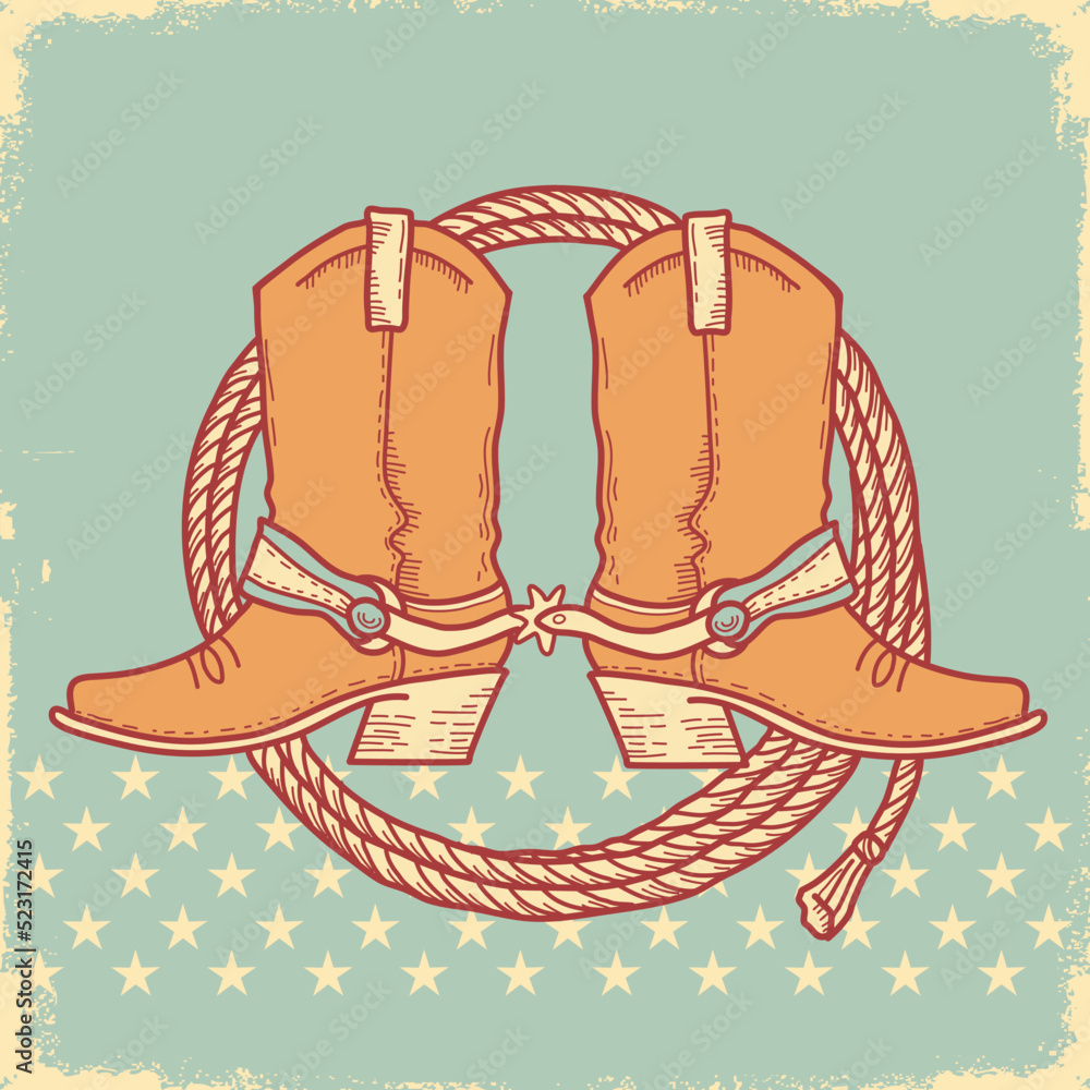 Cowboy boots card. Vector hand drawn illustration with Country cowboy ...