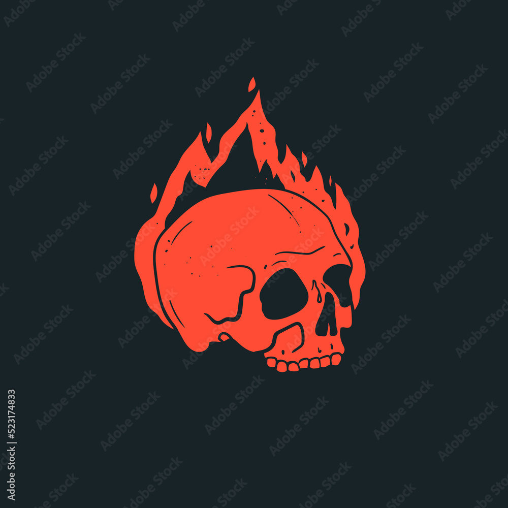 Hand drawn red Skull on fire. Burning skull. Trendy isolated colorful ...