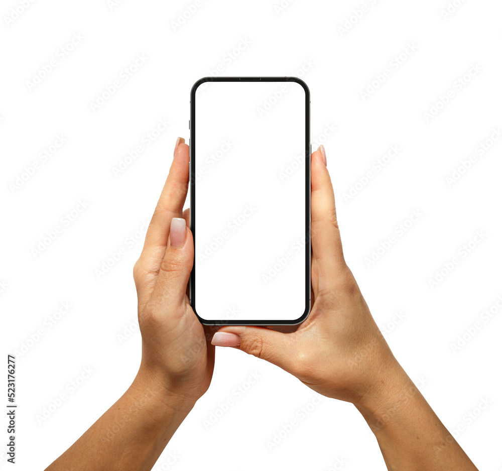 Girl with both hands holding a smartphone with a blank transparent ...
