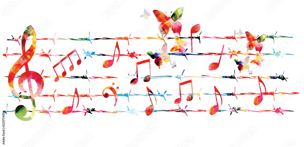 Colorful musical poster with musical notes attached to barbed wire ...
