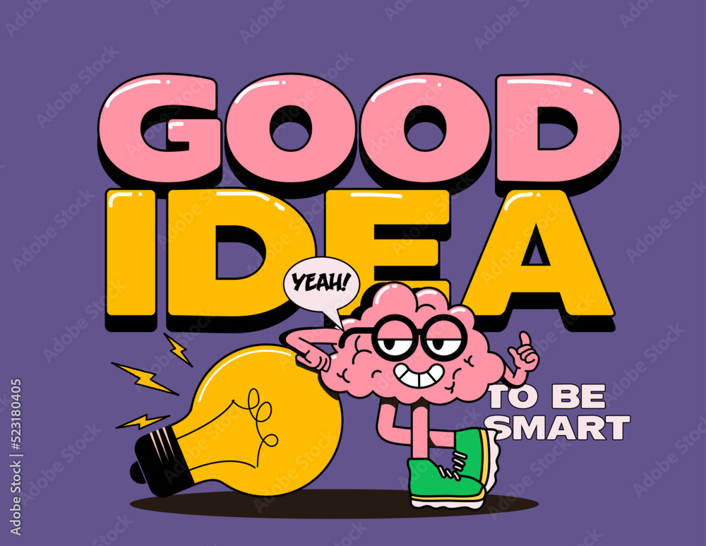 Cartoon smart brain character with good idea lettering in trendy funny ...