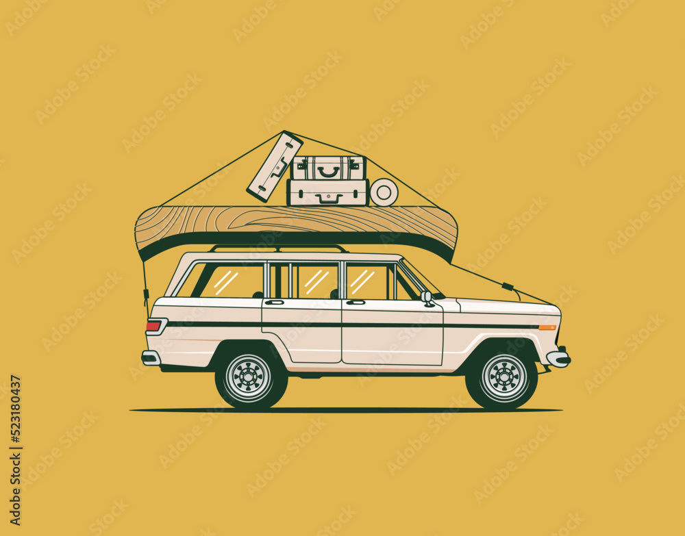 Classic side view off road SUV car with kayak and luggage on the roof ...