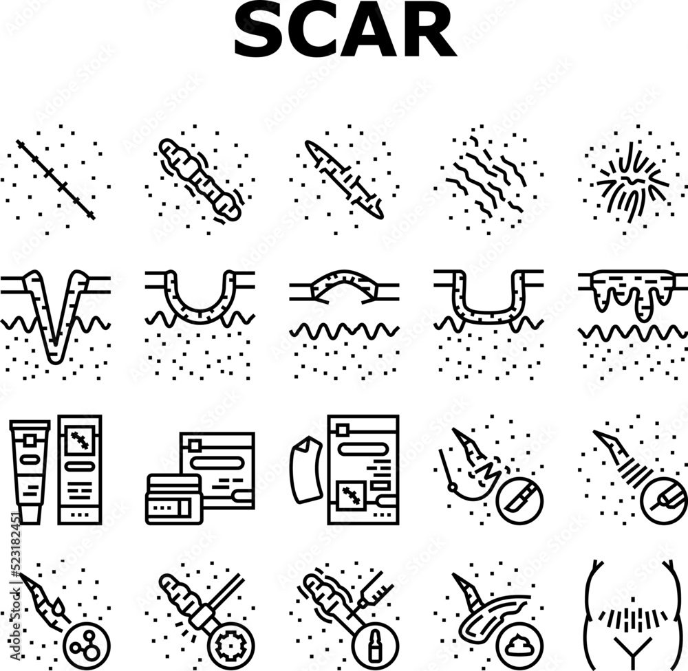 Scar After Trauma Or Surgery Icons Set Vector. Hyperpigmentation And ...