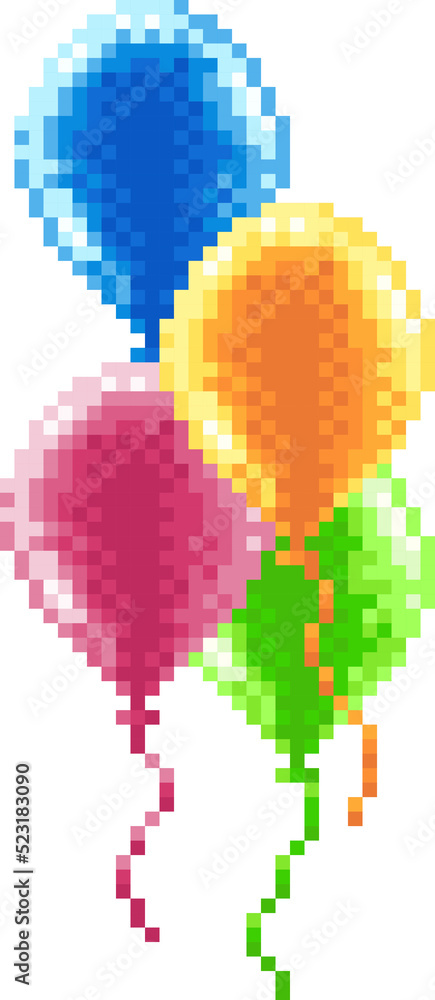 A set of balloons in a retro pixel art 8 bit arcade video game style ...