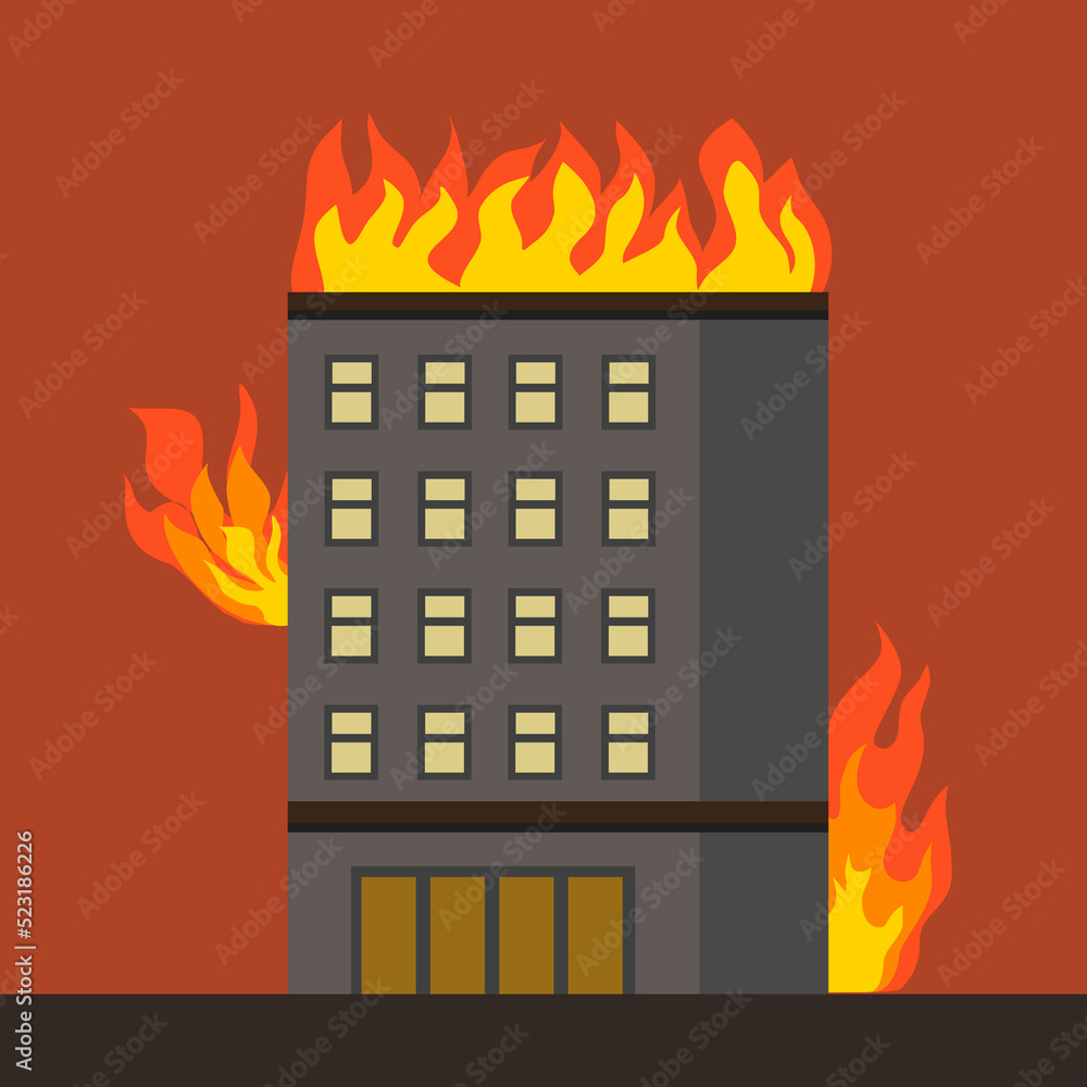 Fire burning tower of apartment building. Orange flames on the roof and ...