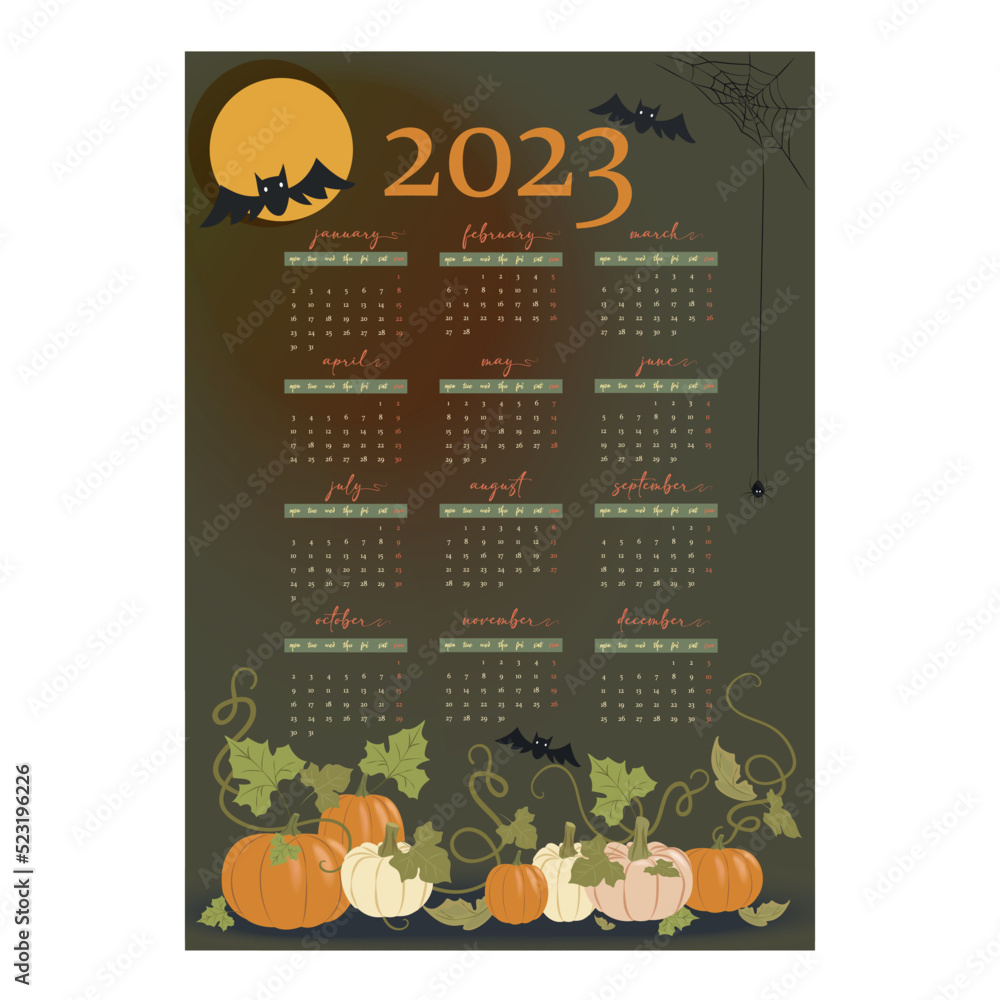 Halloween Wall Monthly Calendar 2023 in English. Calendar, 12 months ...