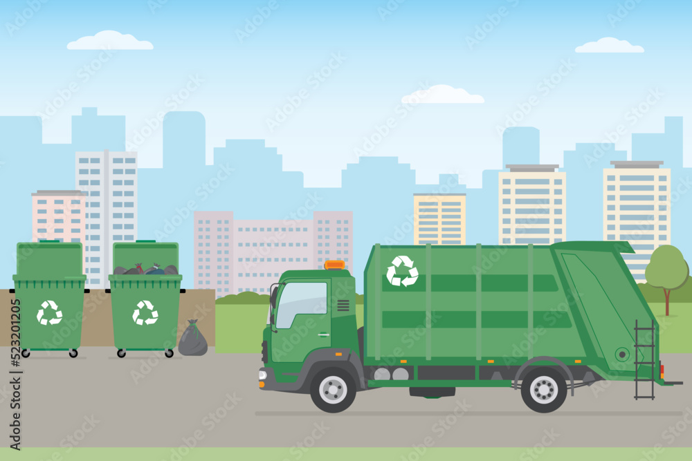 Garbage truck and garbage cans on city background. Ecology and recycle ...