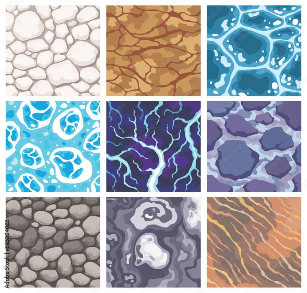 Game ground textures. Cartoon surfaces, dirt ground layers for game ...