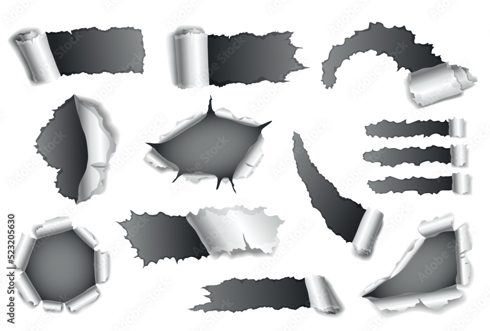 Paper hole collection of gray torn paper. Torn sides over dark paper ...