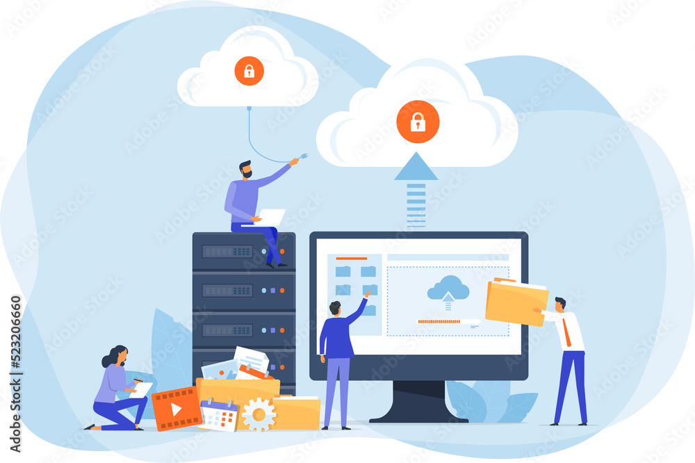 Business design technology file upload backup on cloud server storage concept. team ...