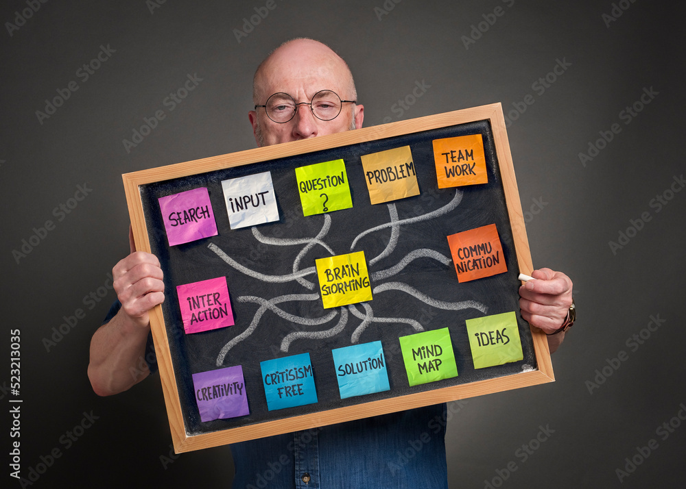 brainstorming concept - related word cloud, color sticky notes and ...