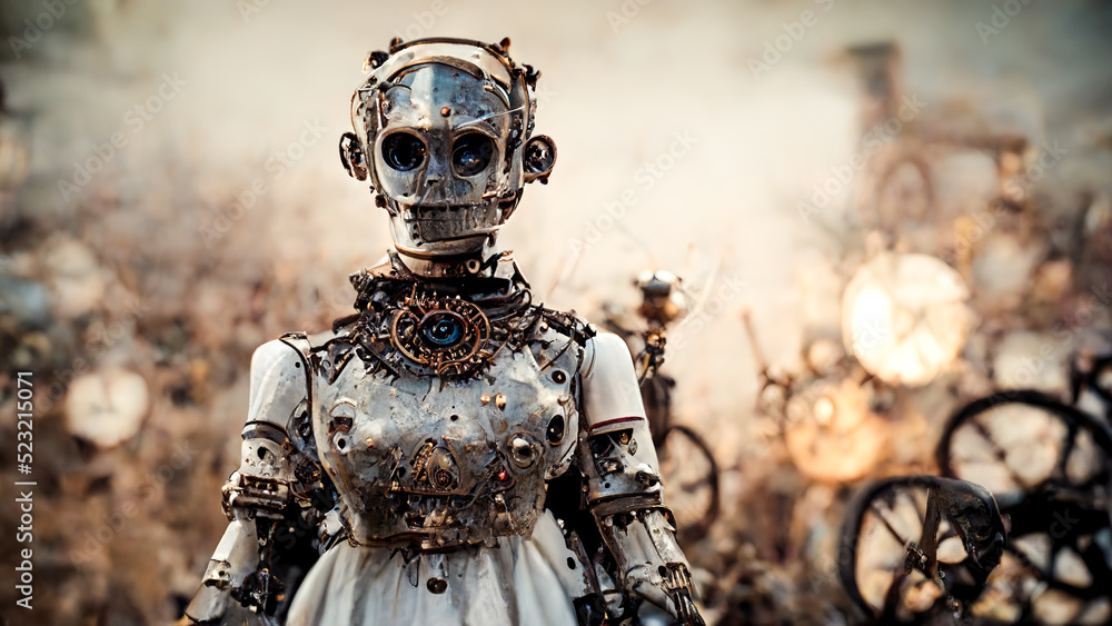 Scary robot woman android. Old metal, mechanisms, gears Stock ...