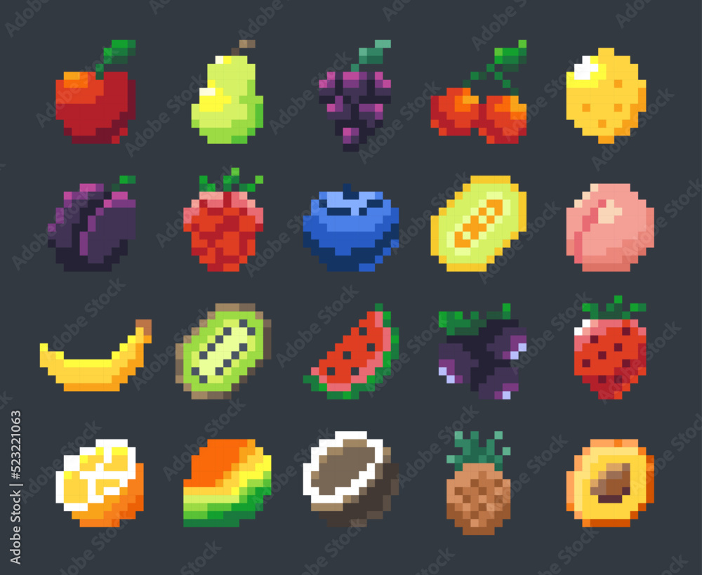 Pixel fruits. Cartoon 2D game sprite asset with apple banana mango ...