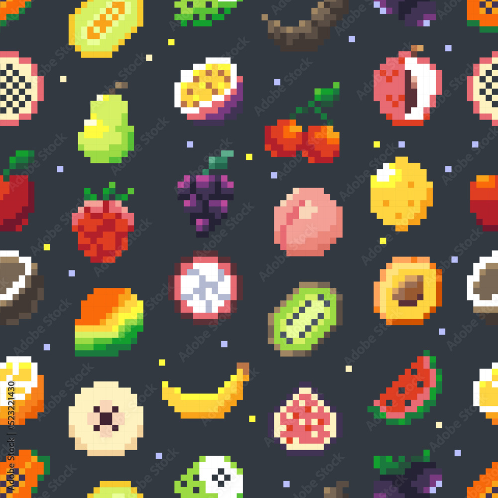 Pixel fruits pattern. Seamless print of pixelated cartoon fruits and ...
