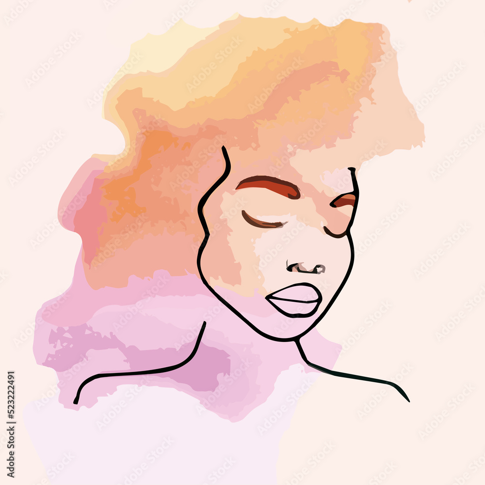 beautiful watercolored smooth line art of a woman face with pastel ...