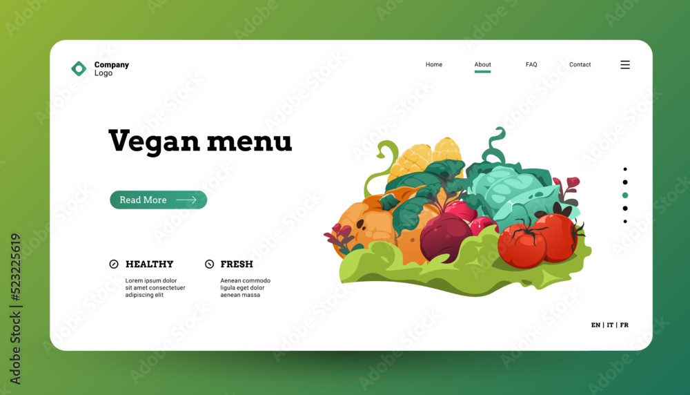Vegetables landing page. Web page mockup with cartoon healthy nutrition ...