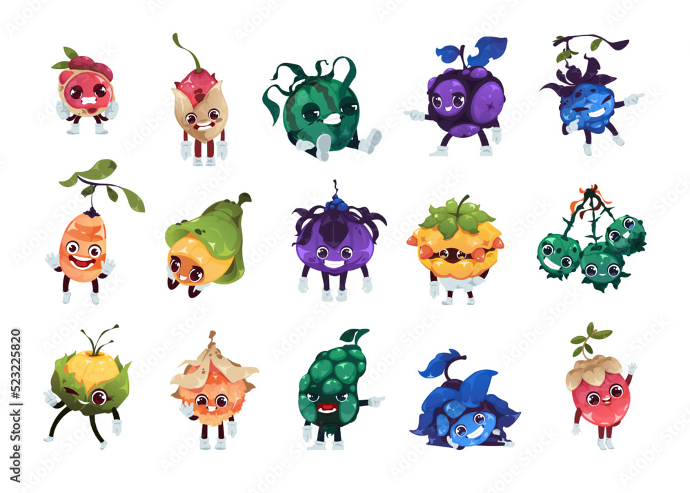Fantasy fruits characters. Cartoon magic colorful berries with funny ...