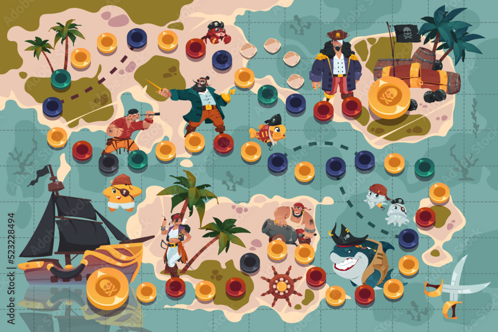 Pirate board game. Cute adventure attraction and education cardboard ...