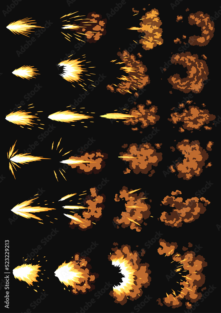 Gun flashes or gunshot animation. Collection of fire explosion effect ...