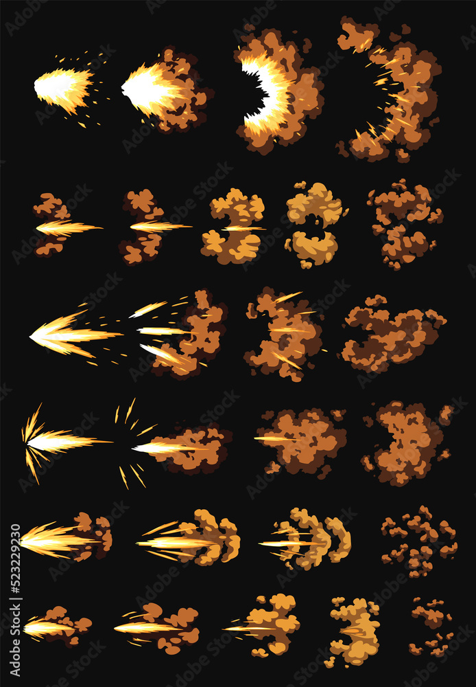 Gun flashes or gunshot animation. Cartoon flash effect of bullet starts ...