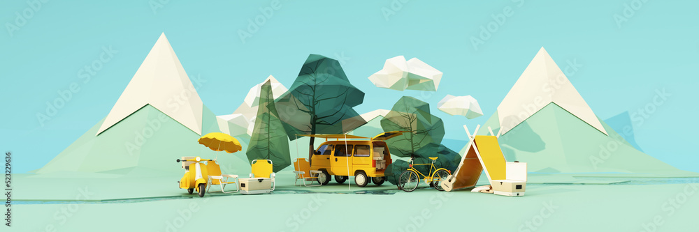 low poly cartoon style. Mobile homes van and tents camping in the ...