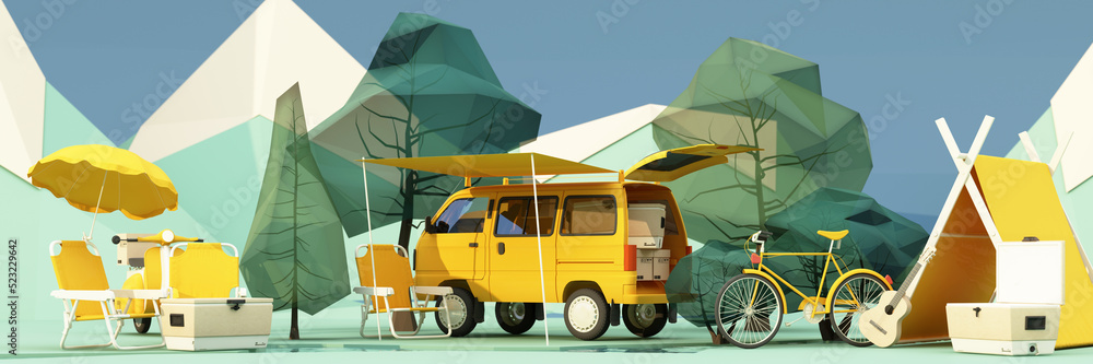 low poly cartoon style. Mobile homes van and tents camping in the ...