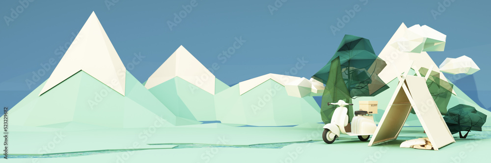 low poly cartoon style. Mobile homes van and tents camping in the ...