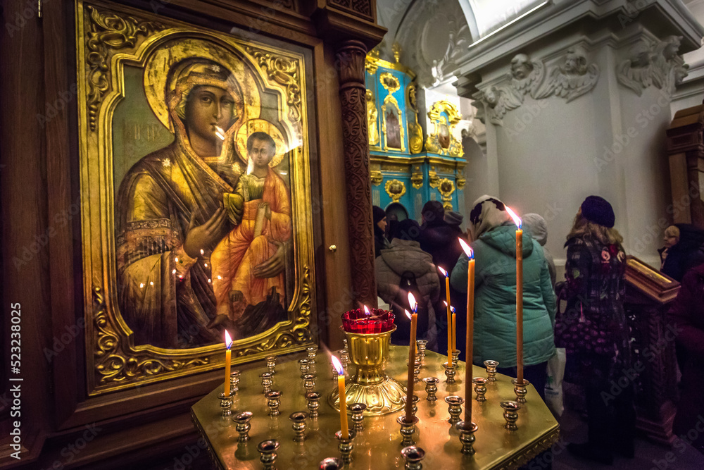 Russian orthodox church inside. Church candles and the icon of the ...