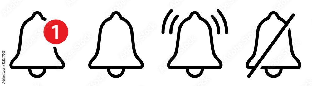 Notification bell icon set. New message notification bell icon. Alarm ...