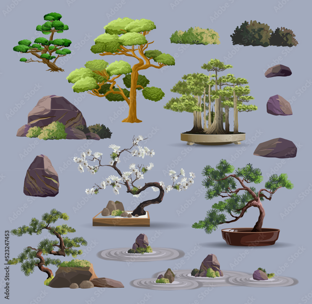 Set of bonsai Japanese trees grown in containers. Beautiful realistic ...